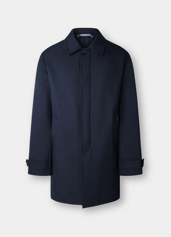 trench coat buttoned to the top